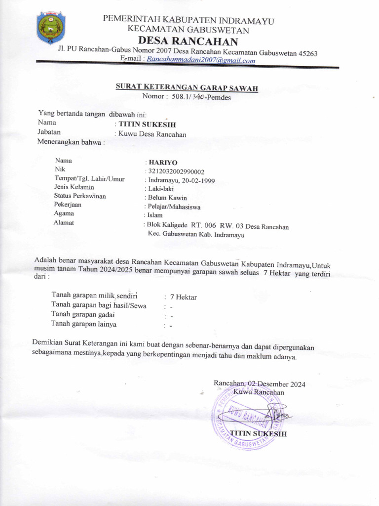 SURAT KET GARAP SAWAH (2) | PDF