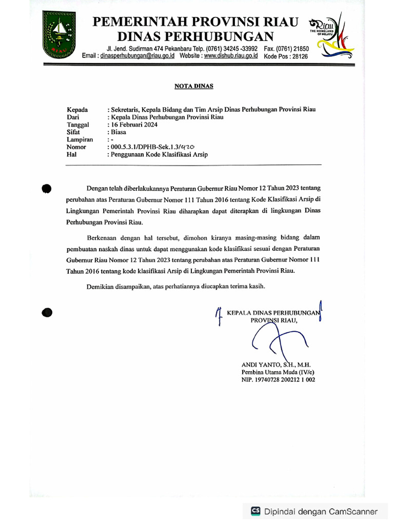 NOTA DINAS PENGGUNAAN KODE KLASIFIKASI ARSIP | PDF