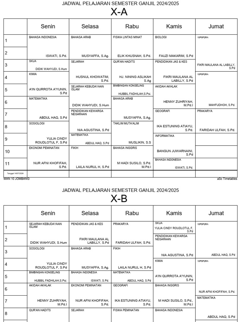 Jadwal Kelas Tapel 2024-2025 GANJIL | PDF