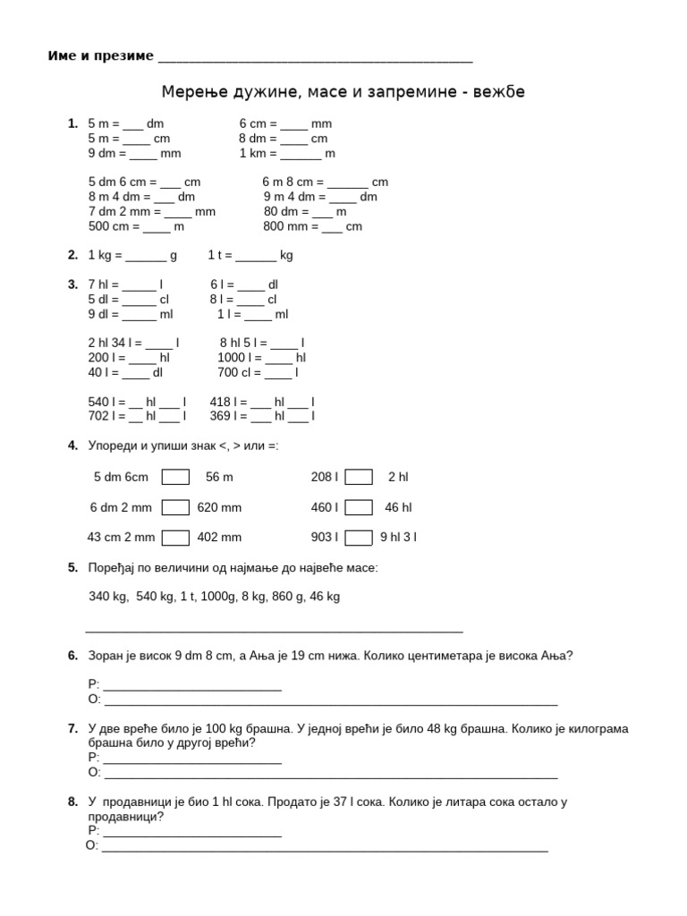 Merenje Duzine Mase I Zapremine Vezbe | PDF