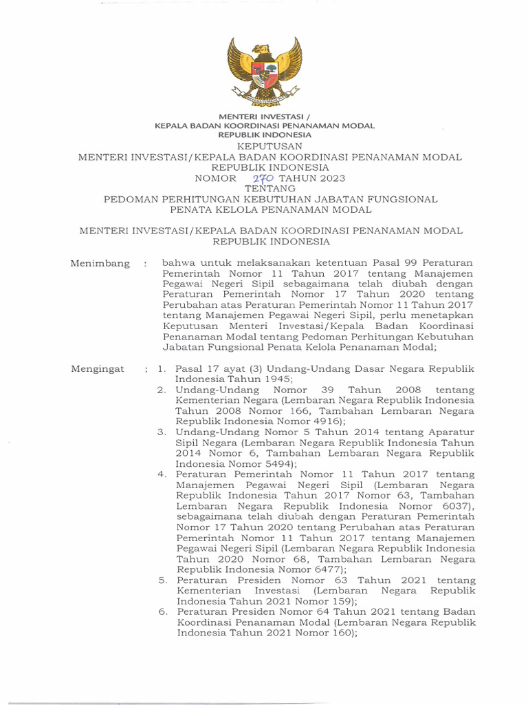 SK Menteri No. 270 - Pedoman Perhitungan Kebutuhan JF PKPM Kirim | PDF