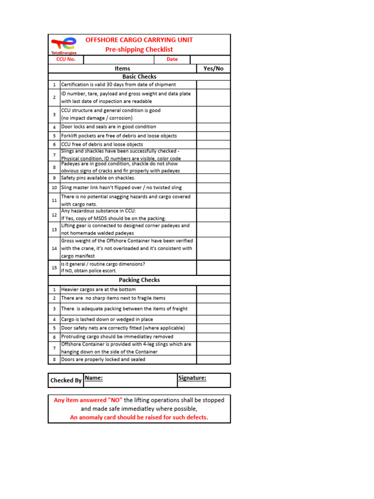 Pre Shipping Checklist Offshore | PDF