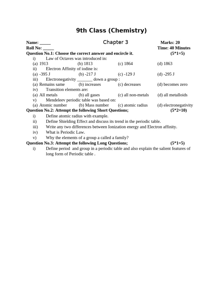 Chemistry Tests (9th Class) Chapter 3 | PDF