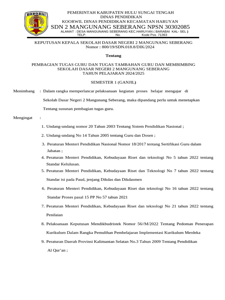 PEMBAGIAN TUGAS MANGUNANG 2024 P3K smt 1 2024 2025 | PDF