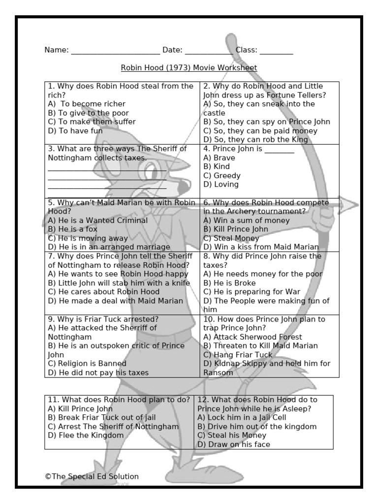 RobinHood1973MovieWorksheet 1 | PDF | Robin Hood | English Legendary ...