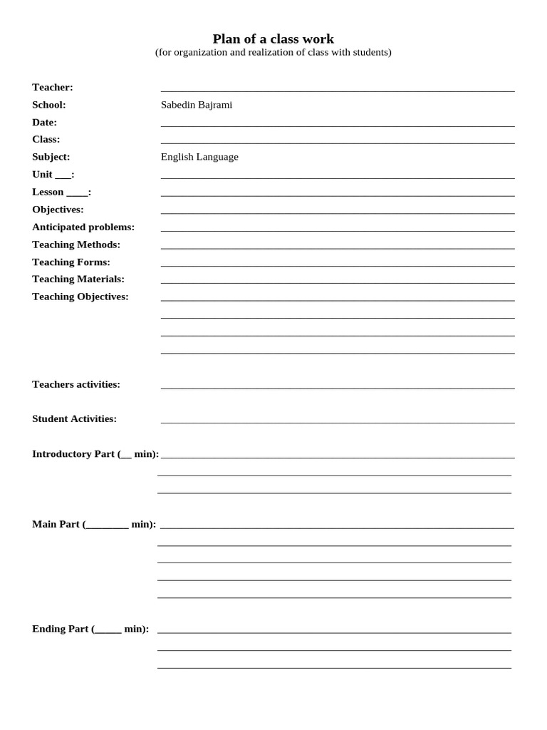 Plan of a class work | PDF | Learning | Education Theory
