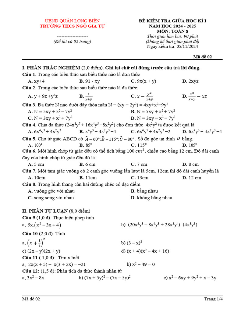 De Giua Hoc Ki 1 Toan 8 Nam 2024 2025 Truong Thcs Ngo Gia Tu Ha Noi | PDF