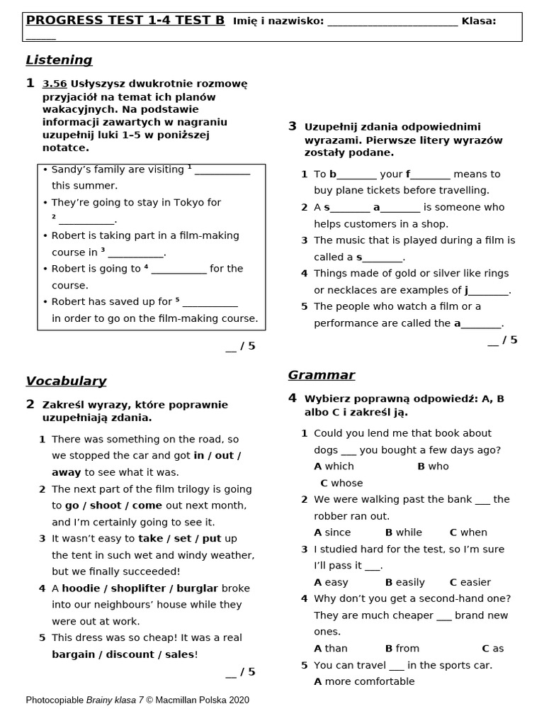 Progress Test 1-4 for English Class | PDF