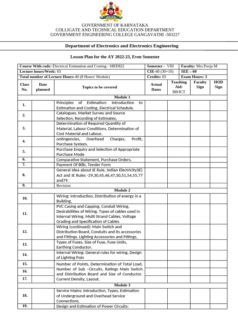 Lesson Plan - EEC - 22-23 | PDF | Electrical Wiring | Electrical Conductor