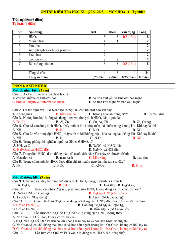 ĐÁP ÁN PHẦN TRẮC NGHIỆM LÝ THUYẾT -HK1 | PDF