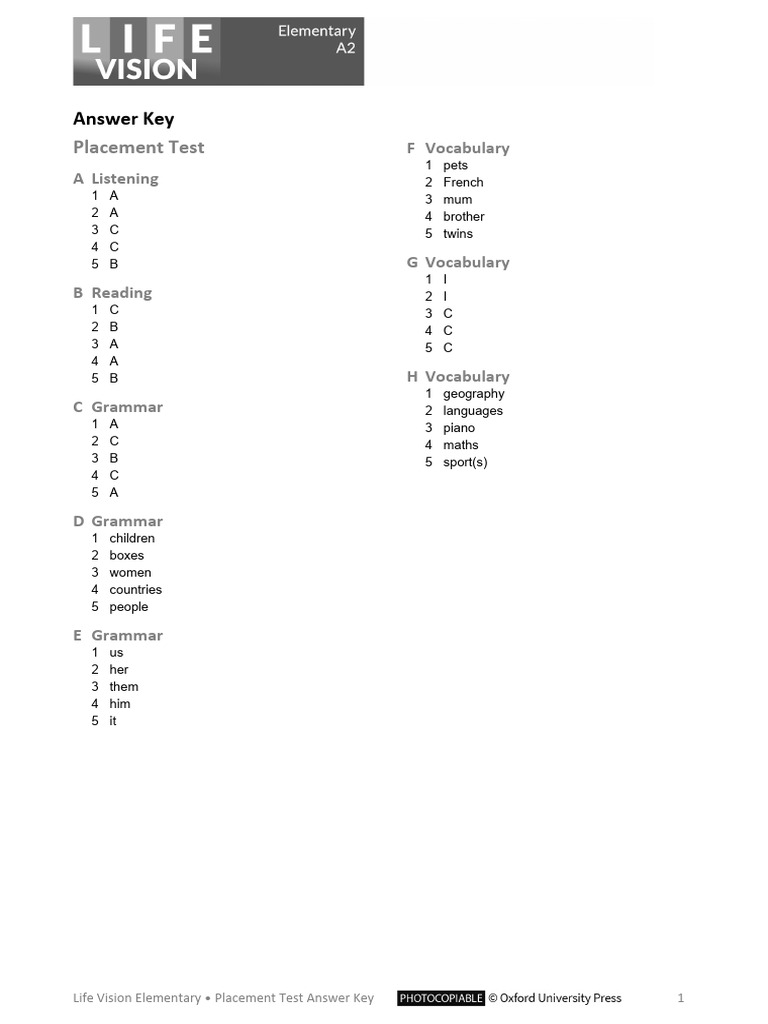 Life Vision Elem Placement Test Answer Key | PDF