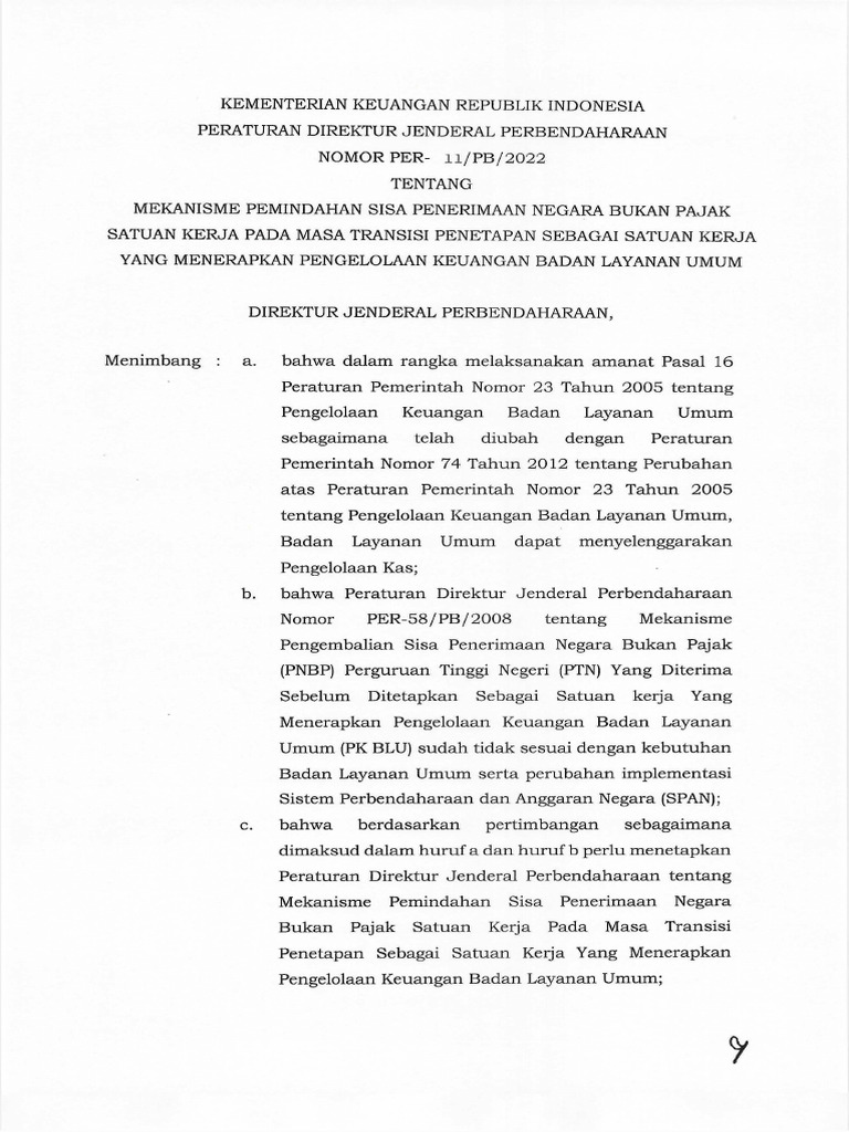 PER - 11 - PB - 2022 Sisa PNBP BLU | PDF