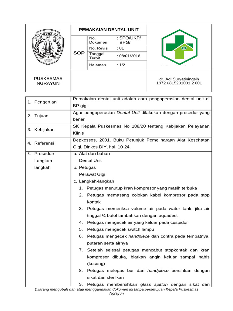 Sop 2 Pemakaian Dental Unit | PDF