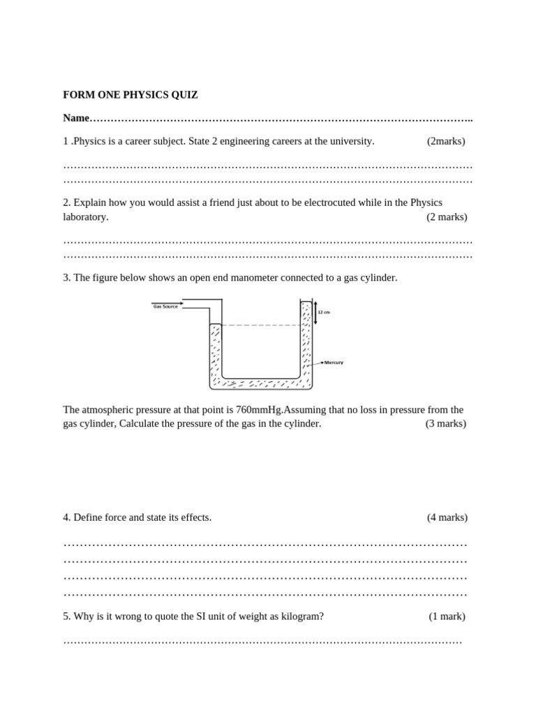 FORM ONE PHYSICS QUIZ | PDF | Physics | Applied And Interdisciplinary ...