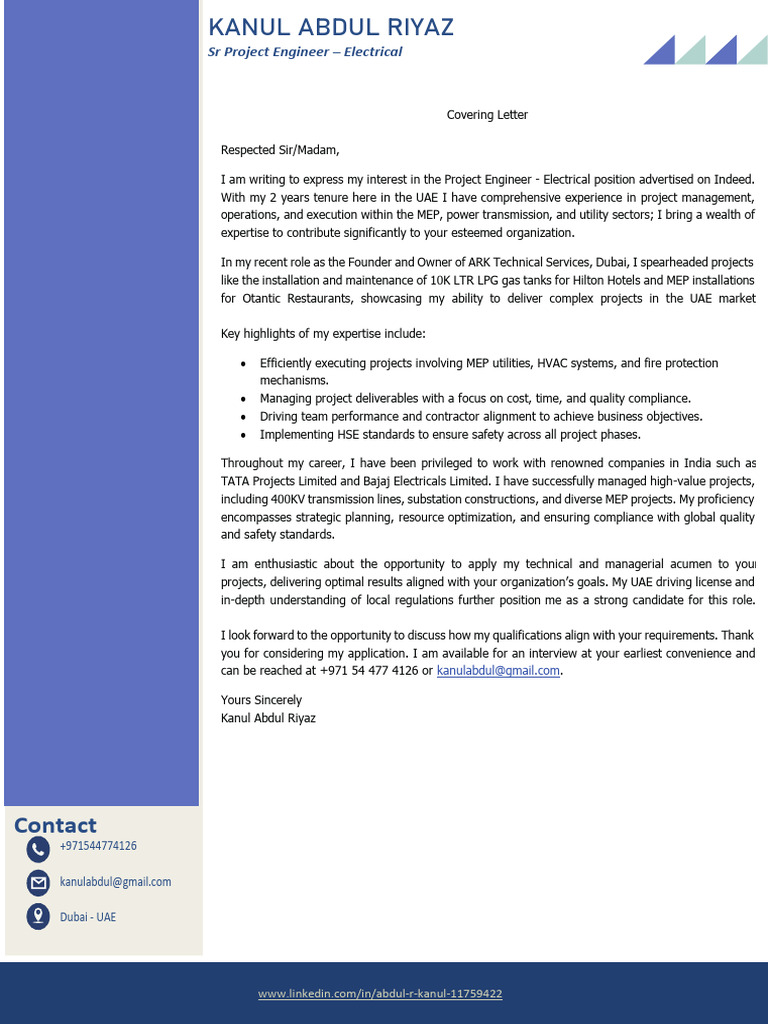 Abdul Riyaz Kanul Covering Letter | PDF | Business