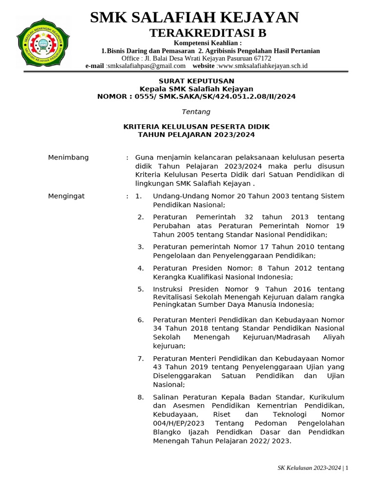 Kriteria Kelulusan SMK 2023/2024 | PDF