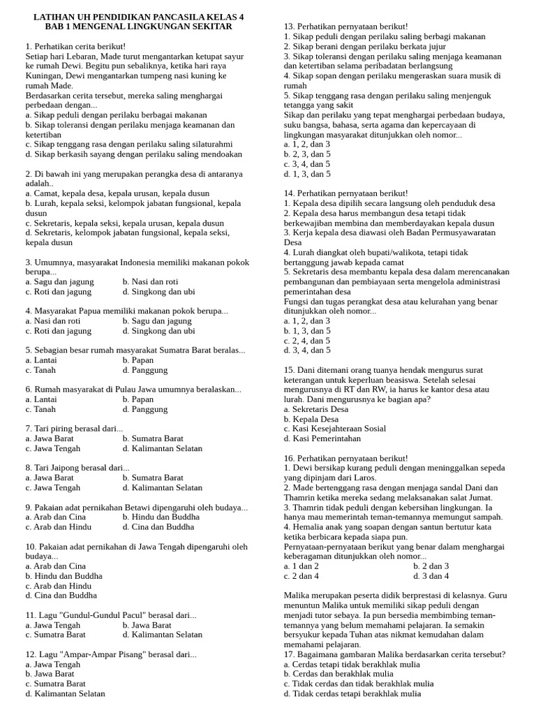 Latihan Uh Pendidikan Pancasila Kelas 4 Bab 1 Mengenal Lingkungan Sekitar | PDF