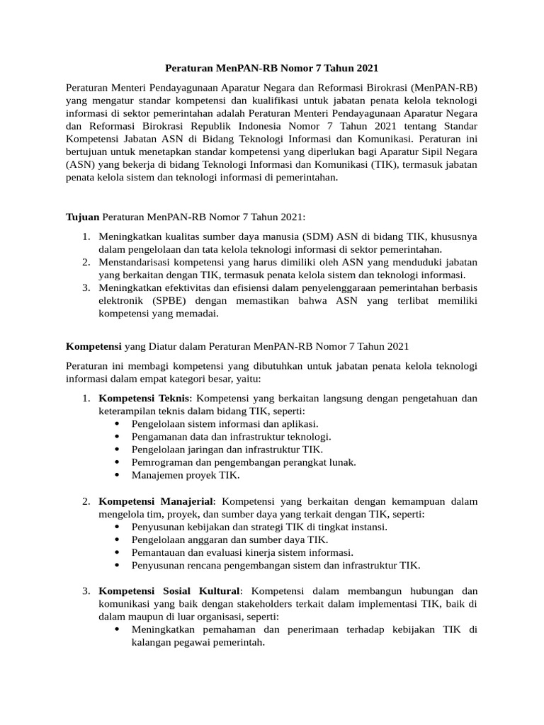 5.1. Peraturan MenPAN-RB Nomor 7 Tahun 2021 Standar Kompetensi PKSTI | PDF