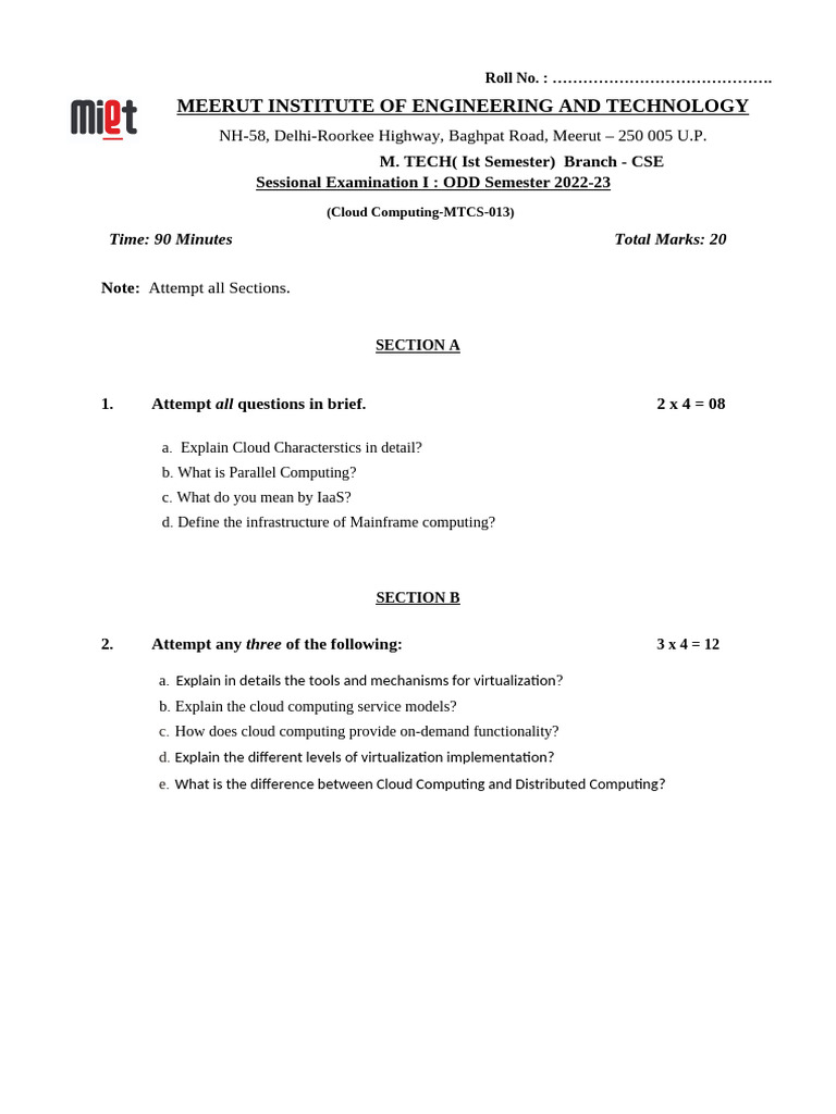 Previous Year 2022-23 ST1 - CC - Paper - M.Tech | PDF