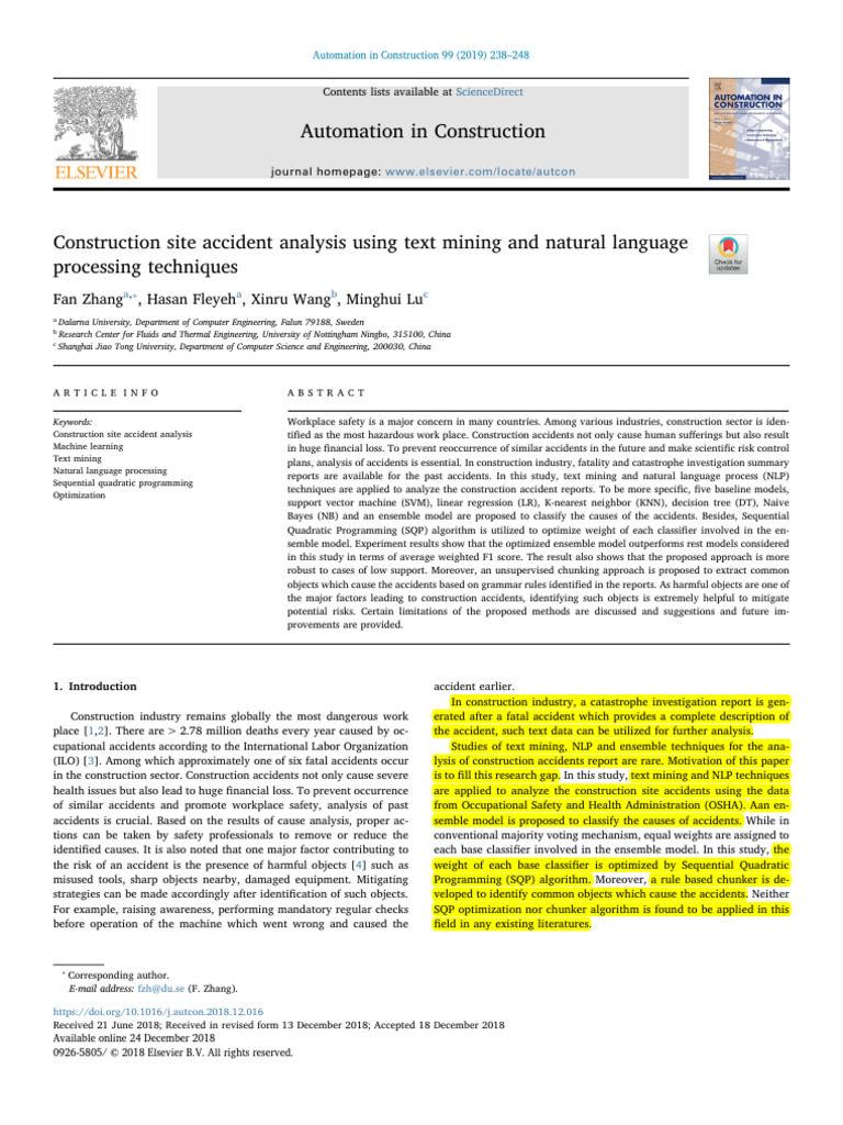 Automation in Construction: Fan Zhang, Hasan Fleyeh, Xinru Wang ...