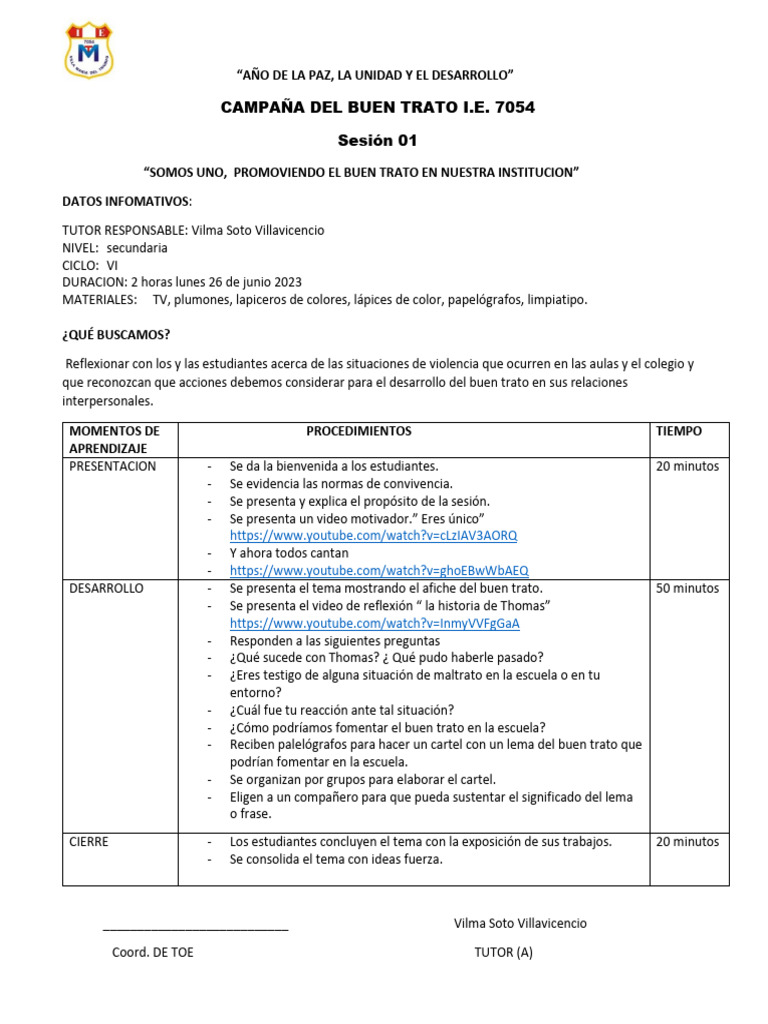 Sesion de Tutoria Buen Trato 1 | PDF