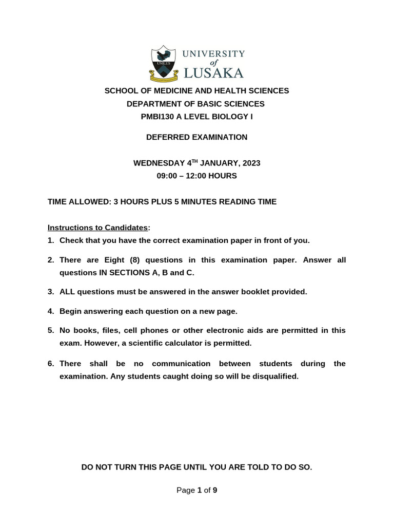 PMBI 130 BIOLOGY DEFERRED EXAM 2023 PAPER | PDF | Rna | Enzyme
