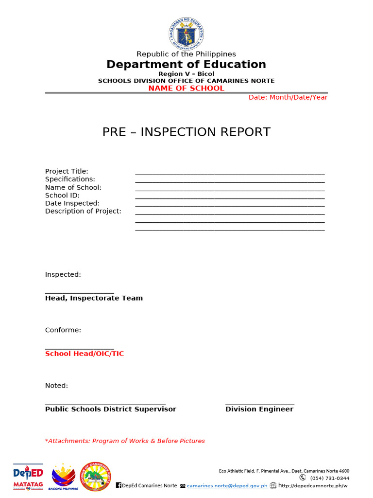 Post and Pre Inspection Report | PDF | Government | Government Related ...