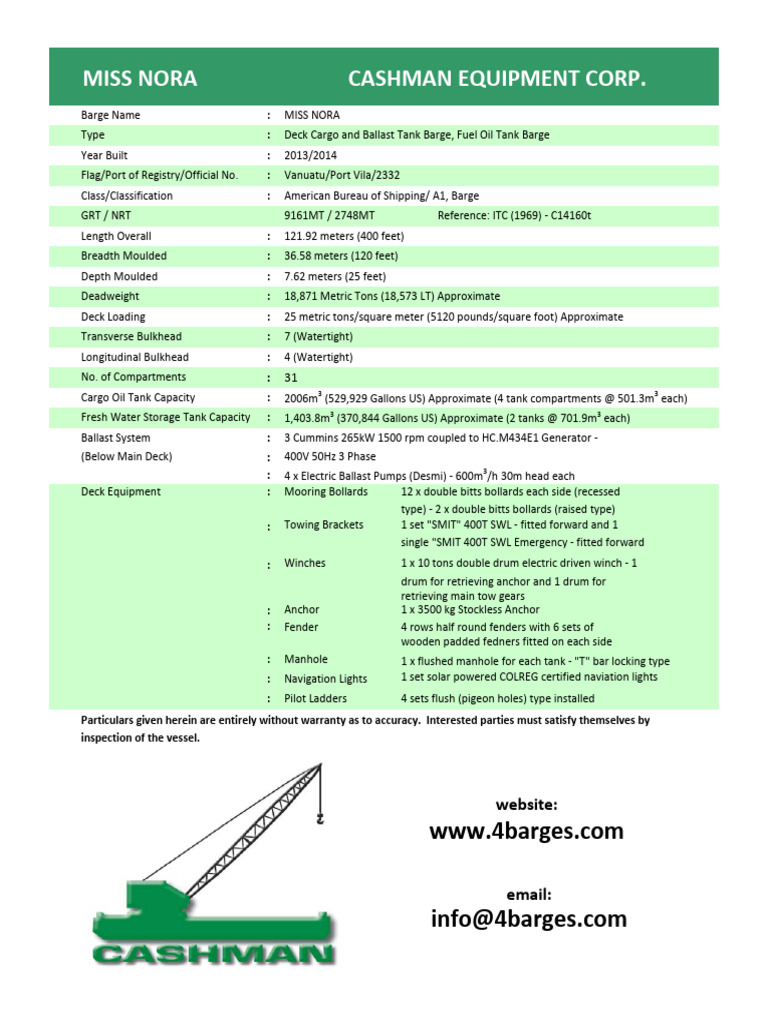 MISS NORA - Specification Sheet | PDF | Anchor | Ships