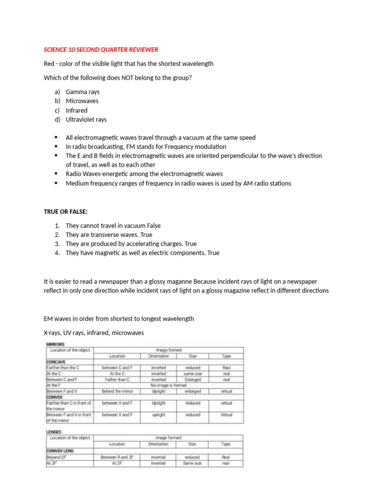 Science 10 Second Quarter Reviewer | PDF | Light | Electromagnetic ...