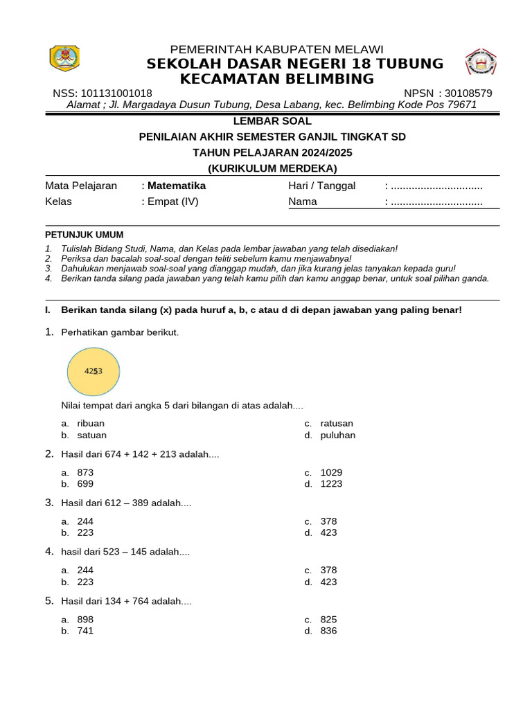 Soal Uas MTK Kelas Iv | PDF