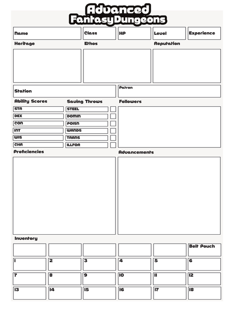 Advanced Fantasy Dungeons - Character Sheet 0.12 | PDF