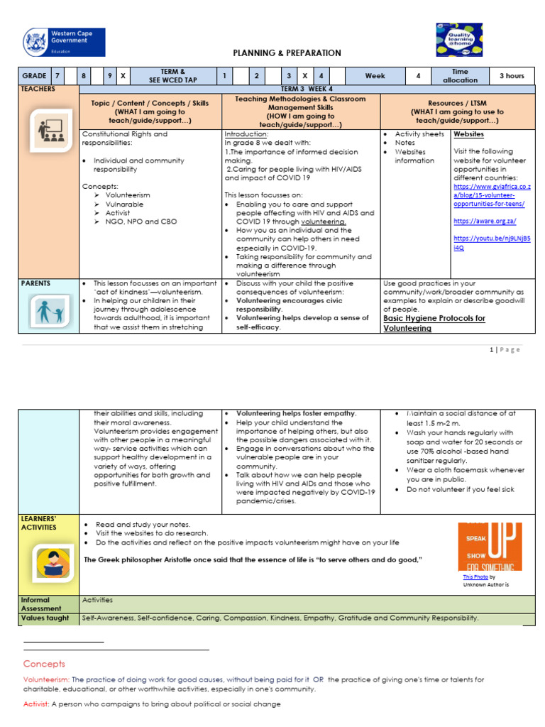 Lesson Plan Gr. 9 Life Orientation Term 3 Week 4 | PDF | Volunteering ...