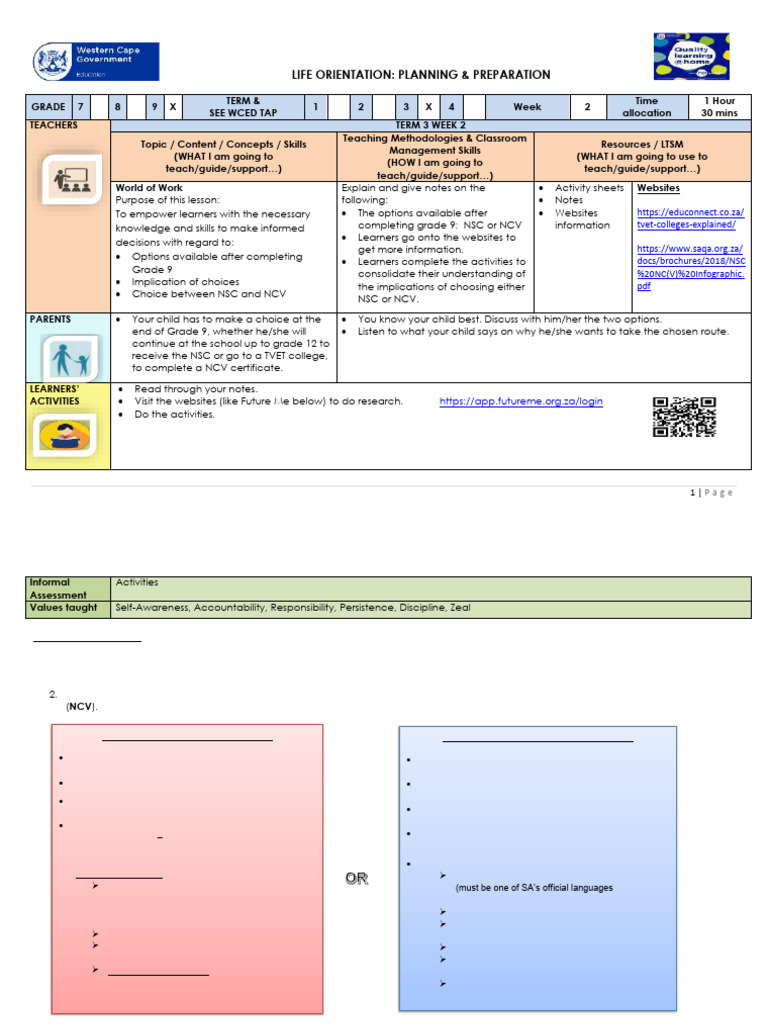 Lesson Plan Gr. 9 Life Orientation T3 W2 | PDF | Vocational Education ...