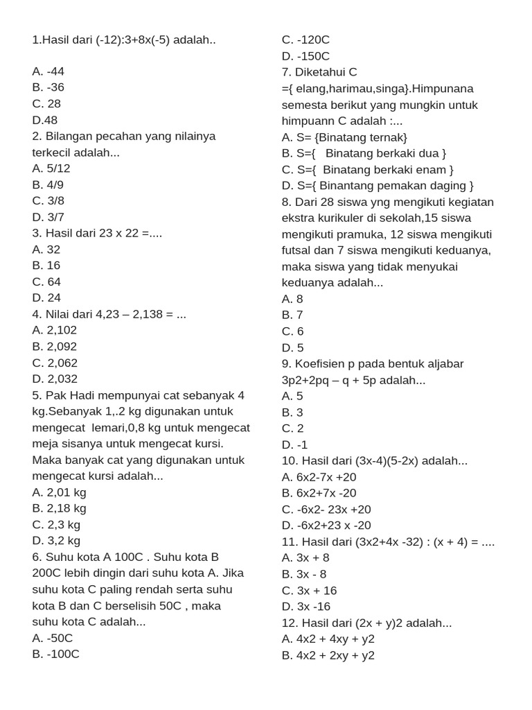 soal mtk kelas 7 smt 1 | PDF