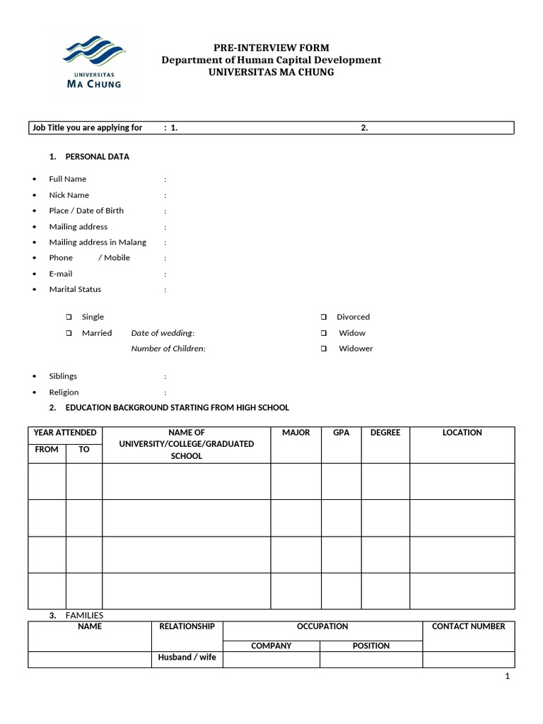 2015-PRE INTERVIEW FORM-UNIVERSITAS MA CHUNG | PDF | Business | Social ... 2015-PRE INTERVIEW FORM-UNIVERSITAS MA CHUNG | PDF | Business | Social ...