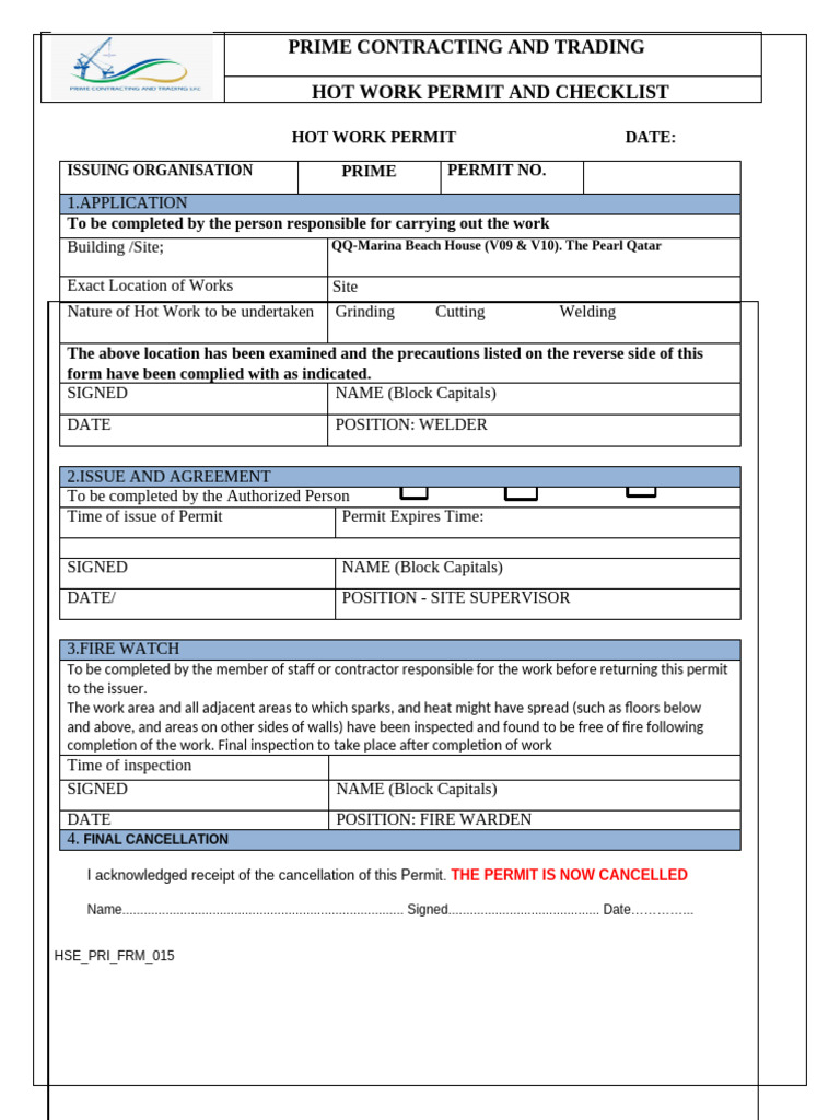 Hot Work Permit | PDF | Safety | Fires