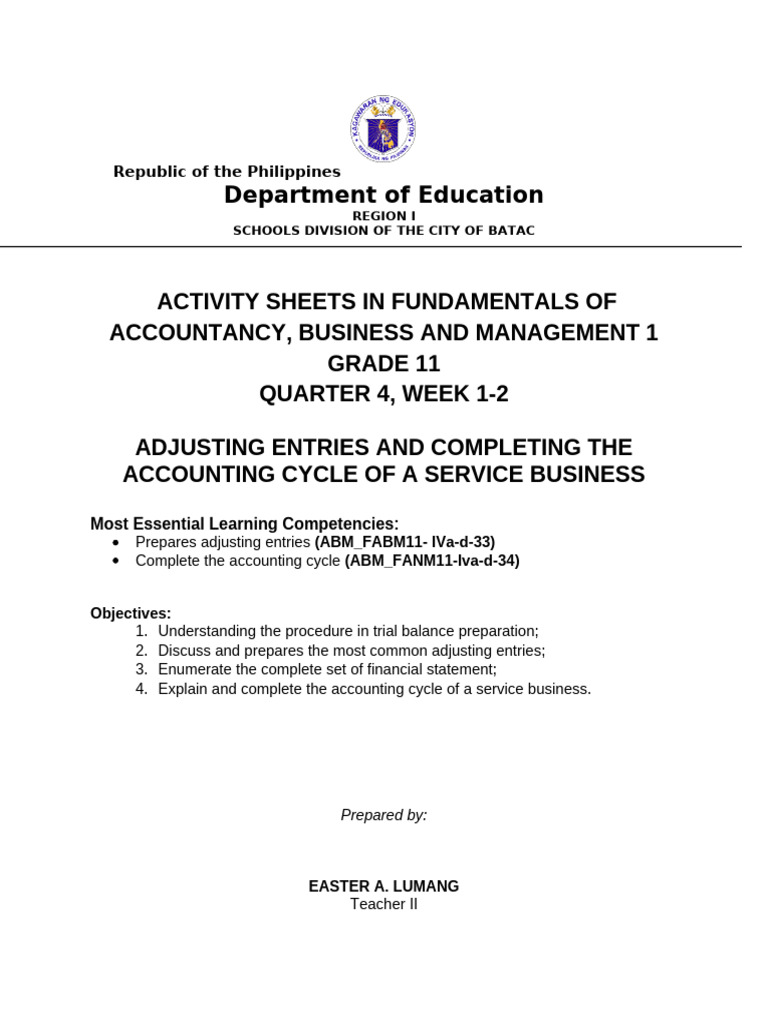 FABM1 Q4 wk1-2 LAS EALumang | PDF | Debits And Credits | Depreciation