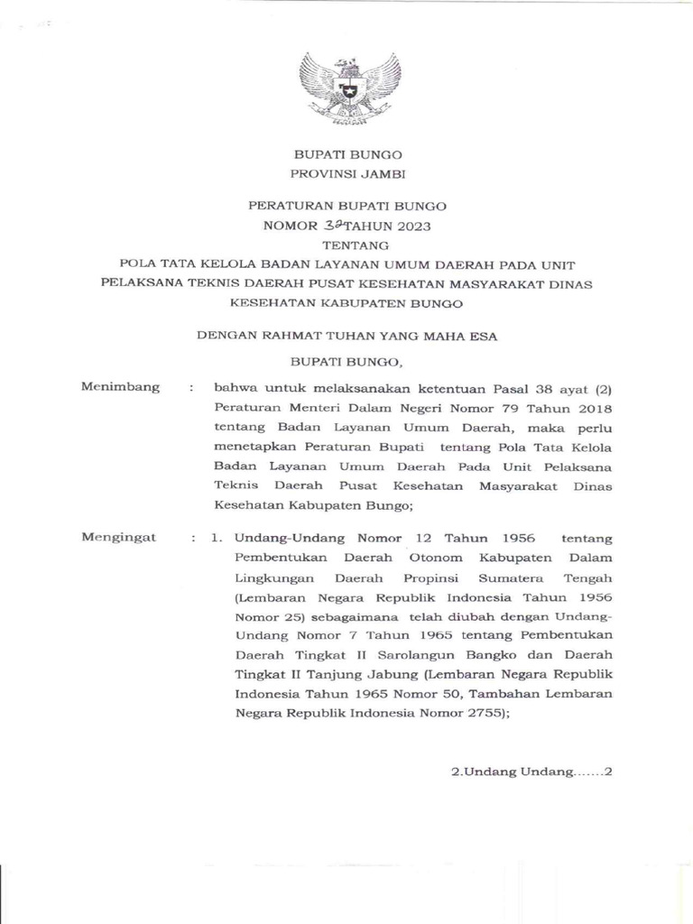 Perbup 23 Tahun 2023 Tentang Tata Kelola BLUD Pada UPTD Kabupaten Bungo | PDF