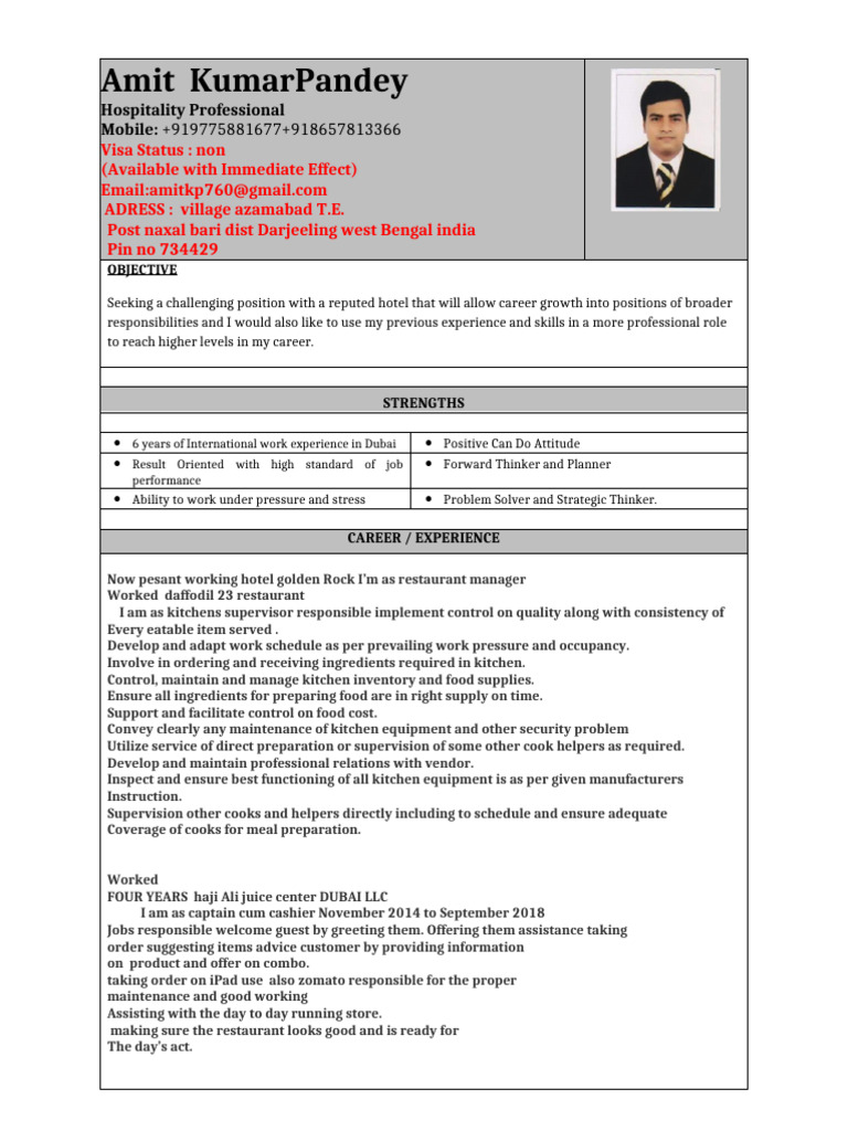 AMIT KUMAR RESUME | PDF | Cooking | Cuisine