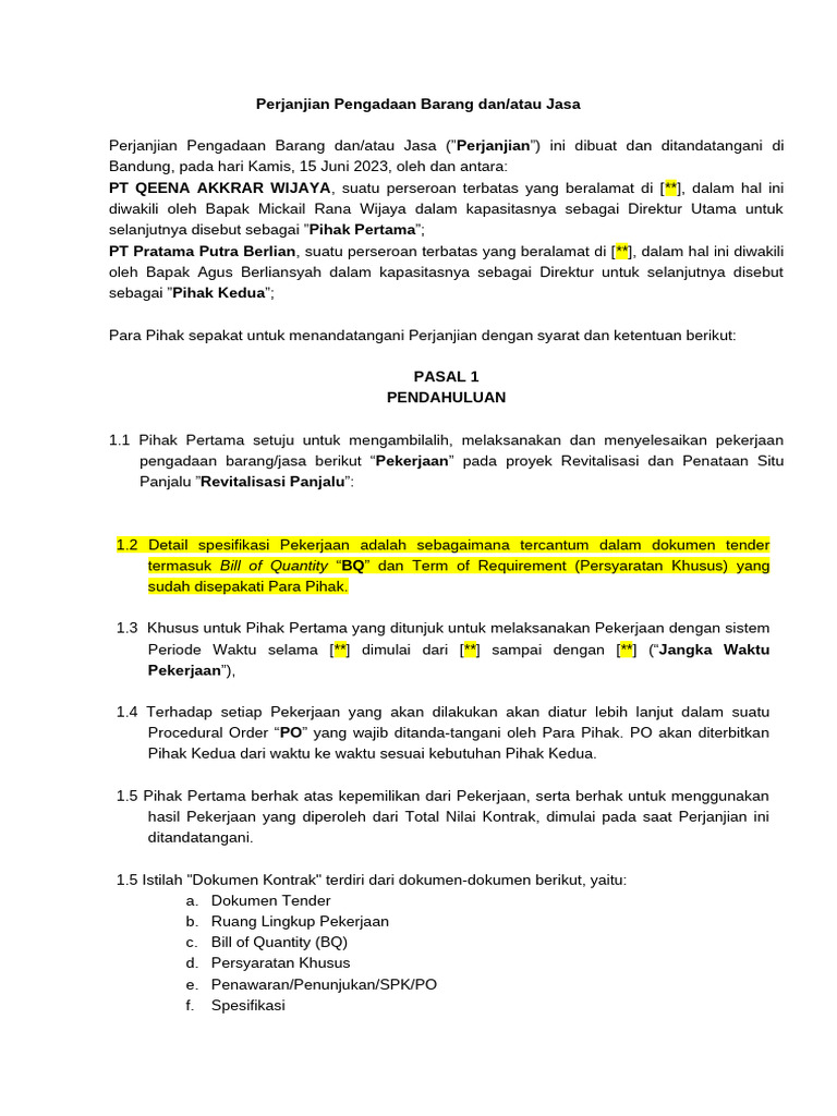 Perjanjian Pengadaan Barang Dan | PDF