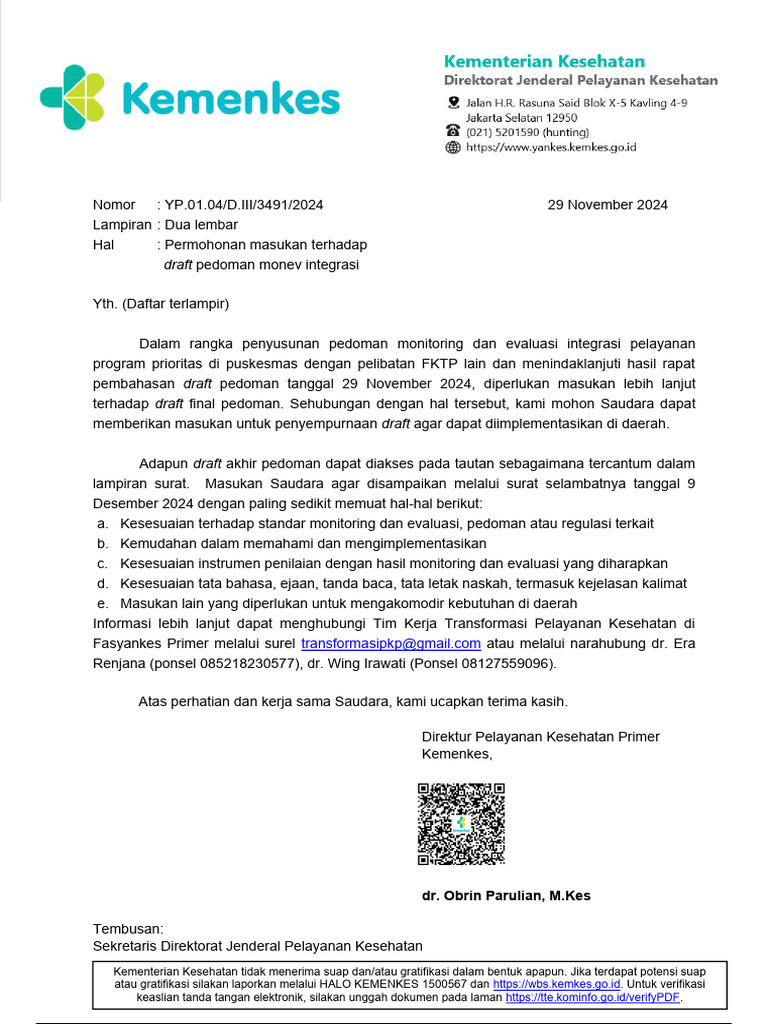 Surat Permohonan Masukan Draft Pedoman Monev Integrasi | PDF