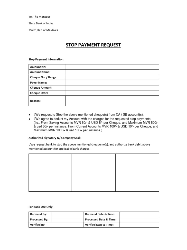 Stop Payment Request Form Template | PDF