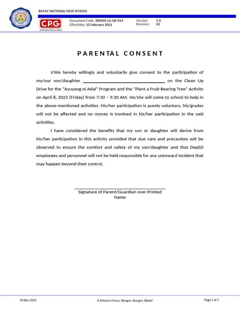 Parental Consent Clean Up Drive | PDF