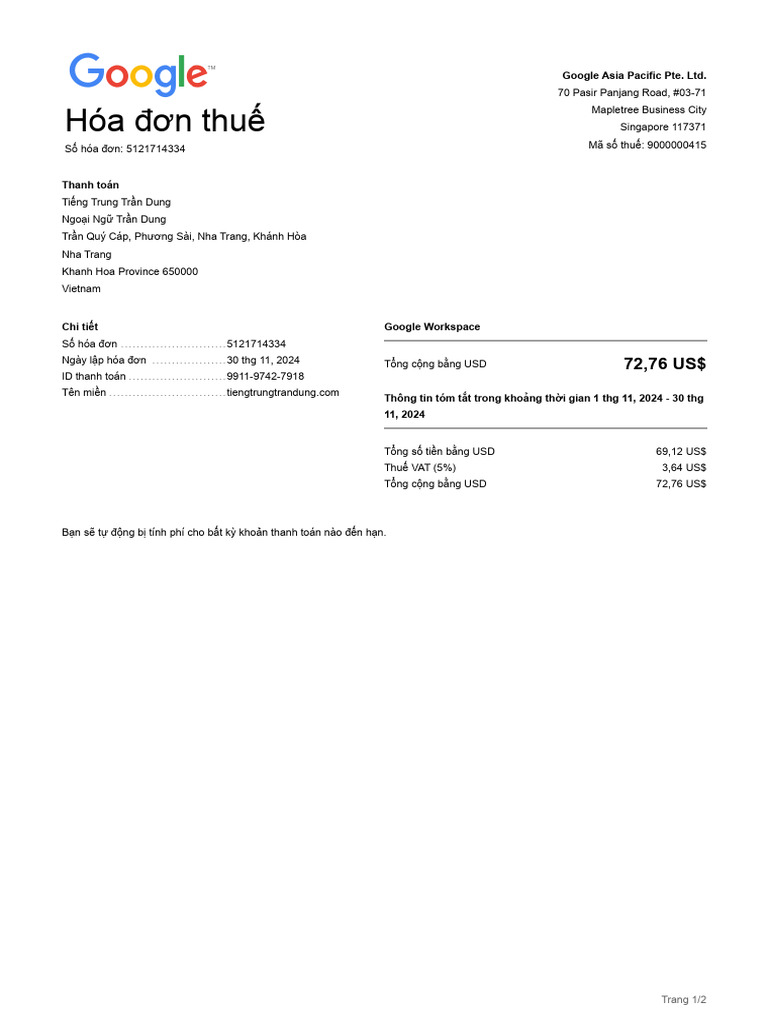 Hóa đơn thuế: Google Asia Pacific Pte. Ltd | PDF