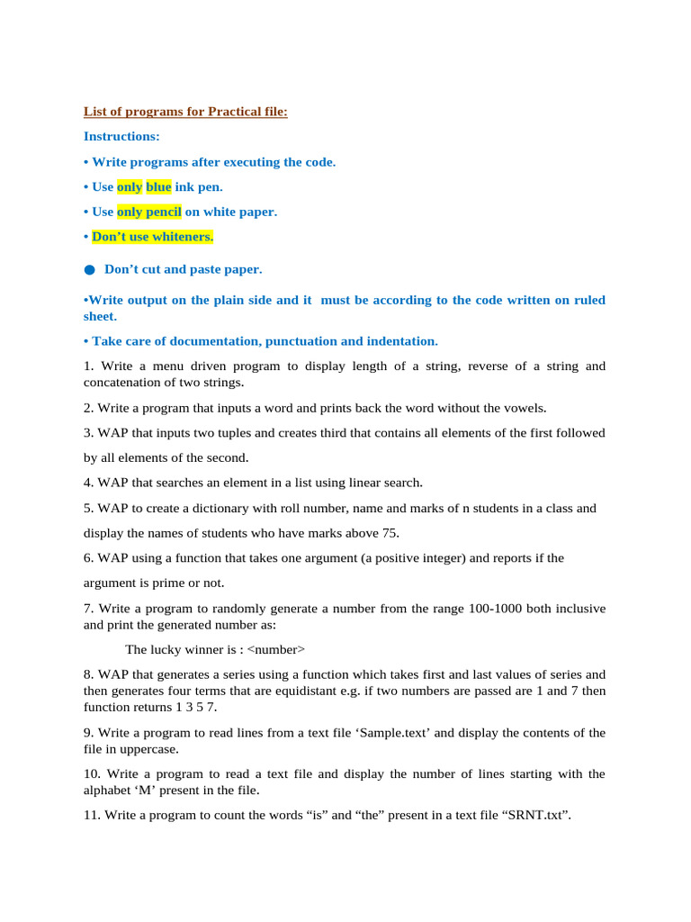 List of programs for practical file (XII) | PDF | String (Computer Science) | Computing