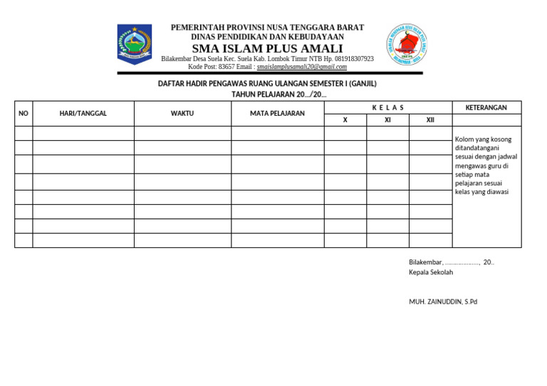 Daftar hadir pengawas ruang ulangan semester | PDF