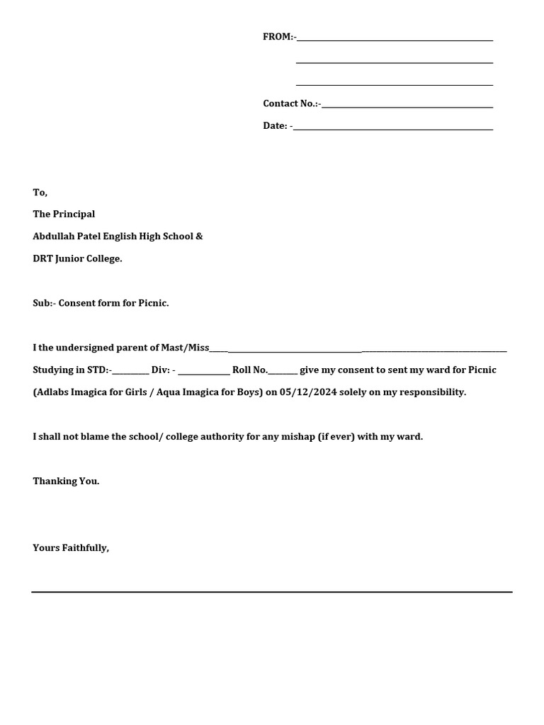 Picnic Consent Form for Students | PDF