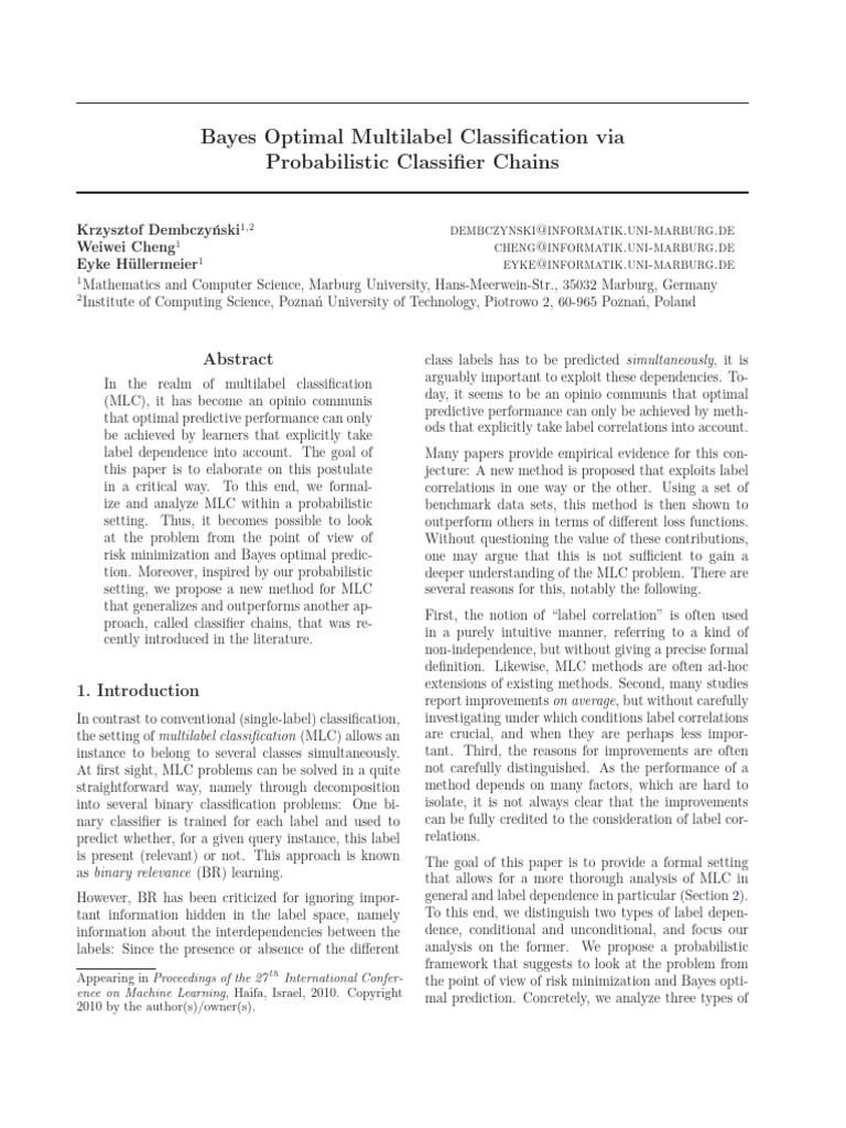 Bayes Optimal Multilabel Classification Via Probabilistic Classifier Chains | PDF | Statistical ...