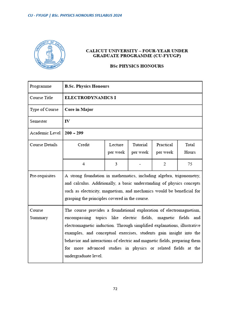 BSc Physics Honours Syllabus 2024 | PDF | Magnetic Field | Electrostatics