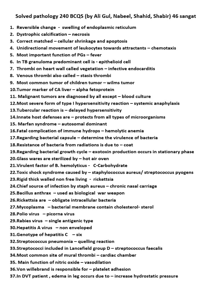 patho solved past 240 bcqs. | PDF | Bacteria | Inflammation